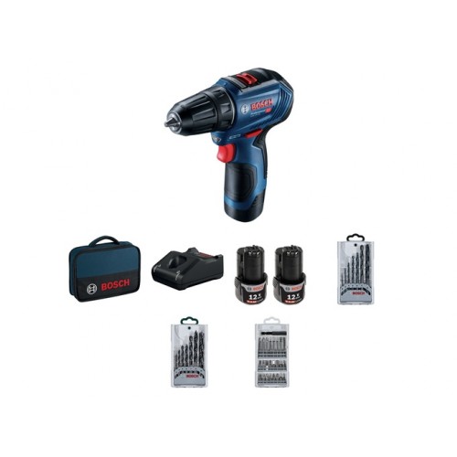 Bosch akumulatorska bušilica - odvrtač GSR 12V-30 + 39-delni set pribora; 2x2,0Ah