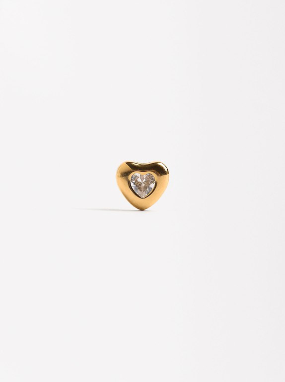 Single Heart Earring With Crystal - Stainless Steel