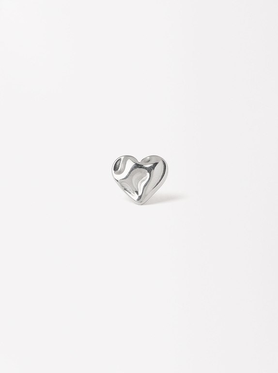 Single Earring With Embossed Heart - Stainless Steel