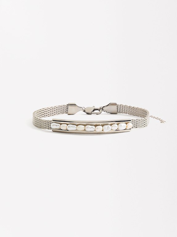 Mesh Bracelet With Freshwater Pearl - Stainless Steel