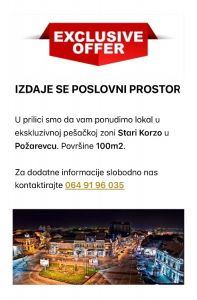 Izdaje se poslovni prostor - Požarevac