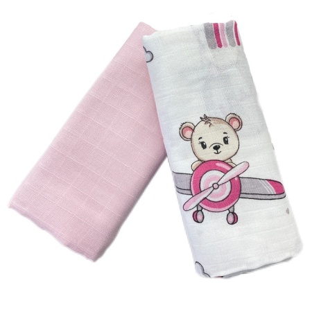 Muslin tetra pelene za bebe 2u1 Pilot Bear Pink