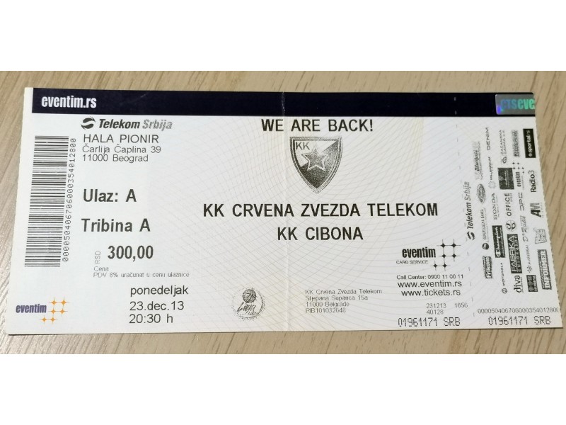 Ulaznica: Crvena zvezda - Cibona ABA