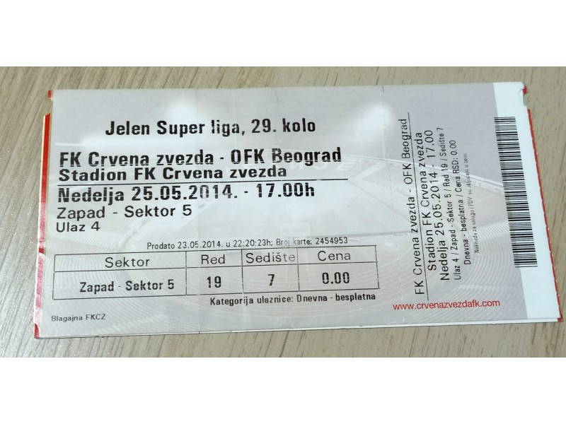 Ulaznica: Crvena zvezda - OFK SL