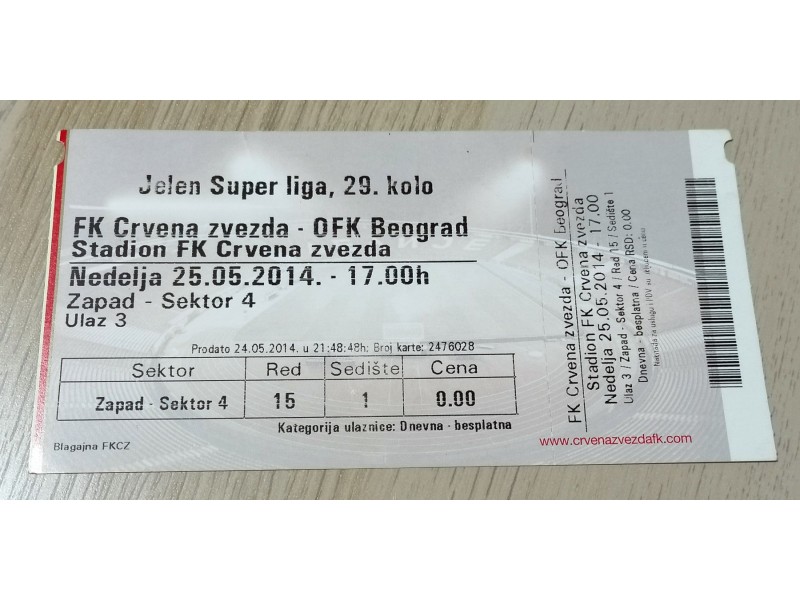 Ulaznica: Crvena zvezda - OFK SL