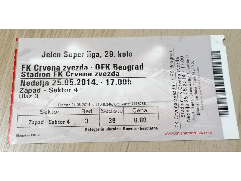 Ulaznica: Crvena zvezda - OFK SL