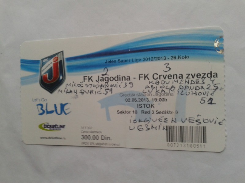 Ulaznica-FK.Jagodina-FK.Crvena Zvezda iz 2013 god