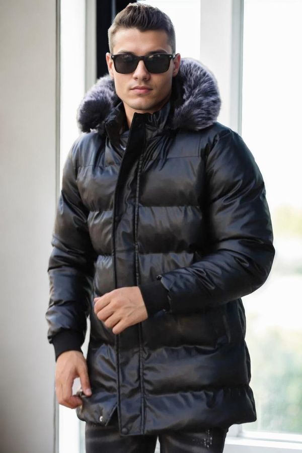 89545 DEWBERRY HOODED SHINY MENS PU JACKET-BLACK