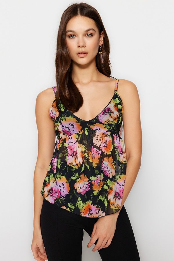 TRENDYOL BLACK FLORAL PATTERNED STRAPS LINED STRETCH TULLE KNITTED BLOUSE