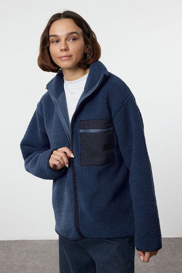 TRENDYOL WINTER ESSENTIALS INDIGO THICK FLEECE ZIPPERED STAND-UP COLLAR POCKET KNITTED SWEATSHIRT