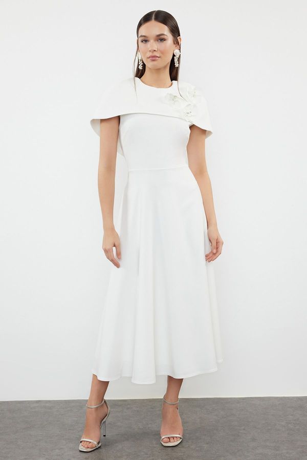TRENDYOL WHITE A-CUT ROSE DETAILED WOVEN ELEGANT EVENING DRESS
