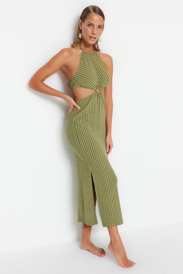 TRENDYOL GREEN STRIPED MAXI KNITTED BEACH DRESS WITH ACCESSORIES