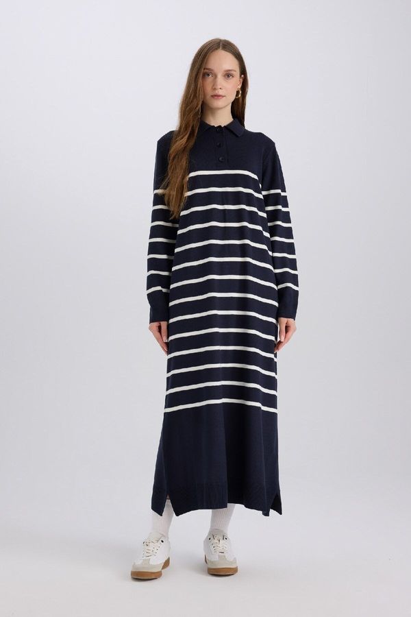 DEFACTO REGULAR FIT POLO COLLAR STRIPED MAXI KNIT DRESS