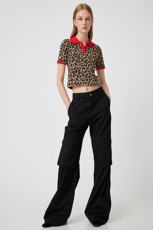 KOTON POLO NECK SWEATER LEOPARD PATTERNED PIPING SHORT SLEEVE