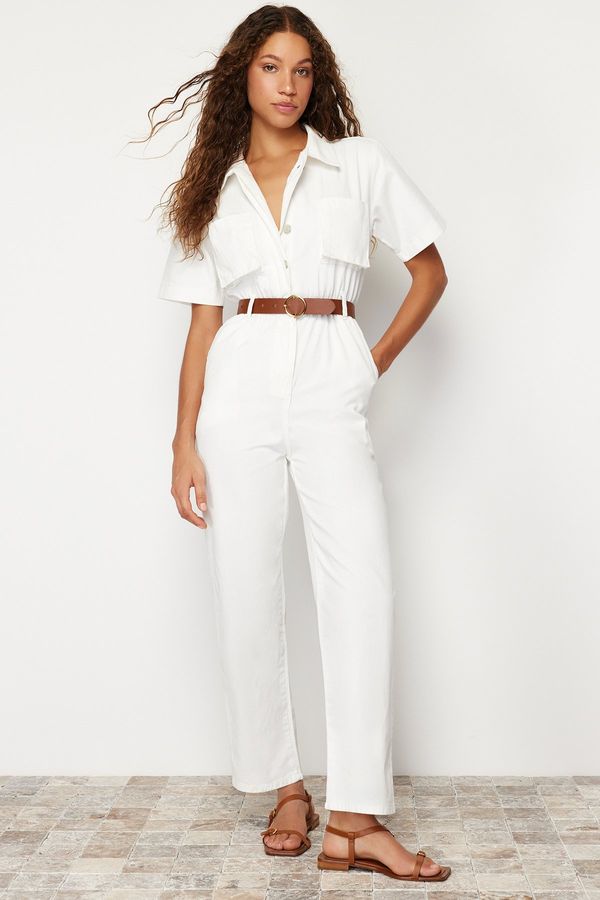 TRENDYOL WHITE SHORT SLEEVE BELTED DENIM JUMPSUIT