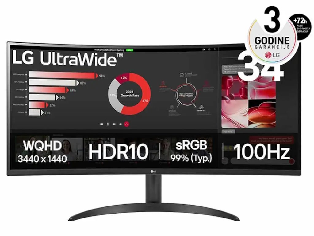 LG monitor 34WR50QK-B.AEU 34"/VA,21:9,zakrivljen/3440x1440/100Hz/5ms GtG/HDMIx2,DP/crna