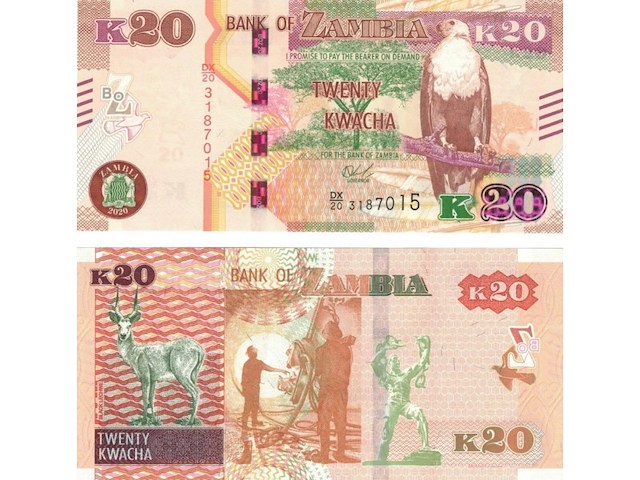 ZAMBIA 20 Kwacha 2018/2020 UNC, P-new