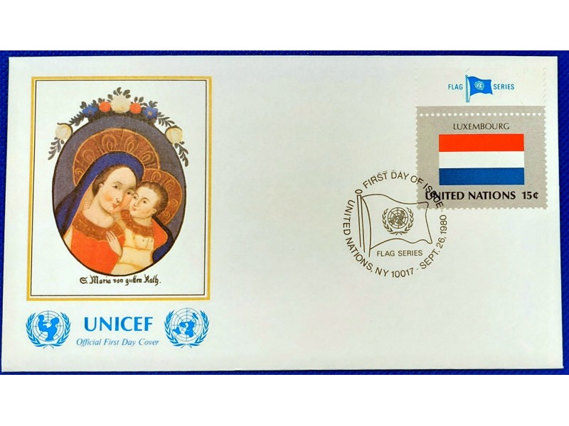 Unicef UN FDC 1980. Zastave, Luksemburg