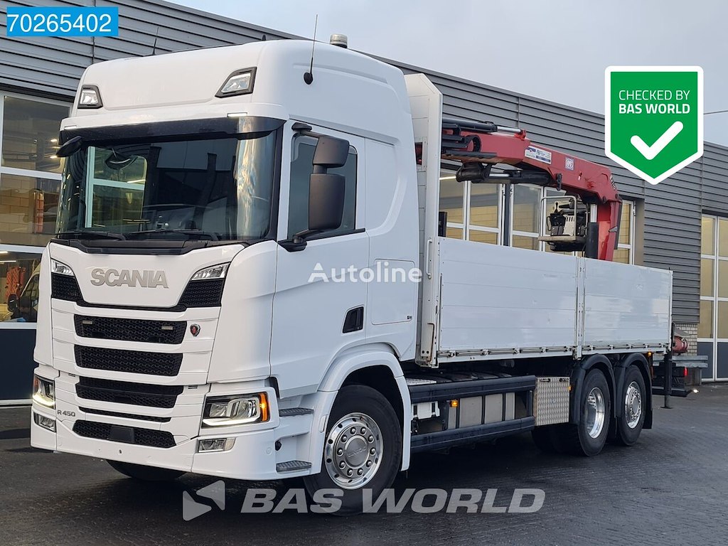 Scania R450 6X2 HMF 2110 L Crane Kran Retarder Lift+Lenkachse Euro 6 kamion s ravnom platformom