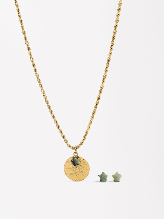 SET OF NECKLACE AND EARRINGS WITH STONE - STAINLESS STEEL