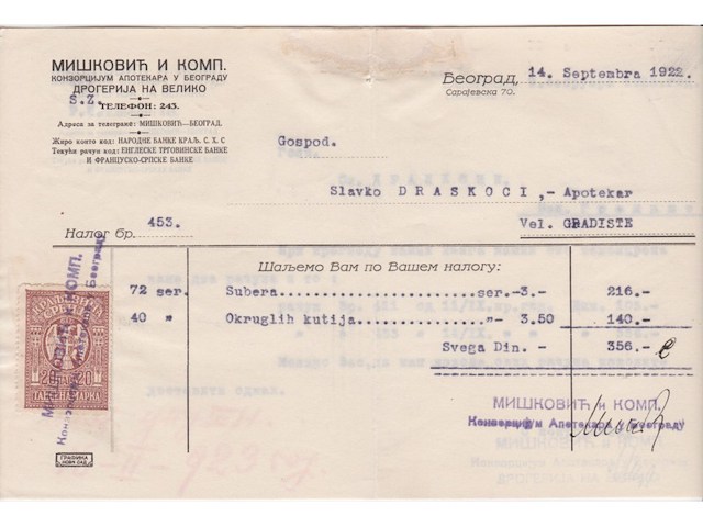 Kraljevina YU 1922 dokument sa taksenom markom