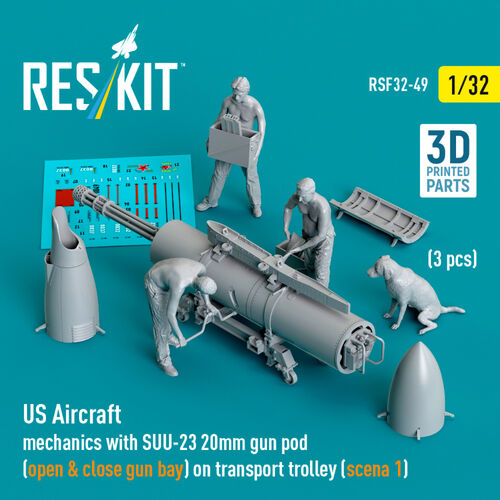 RES/KIT F32-0049 US Aircraft Mechanics With SUU-23 20mm Gun Pod (Open & Close Gun Bay) On Transport Trolley (Scene 1) (3 pcs) (3D Printed)