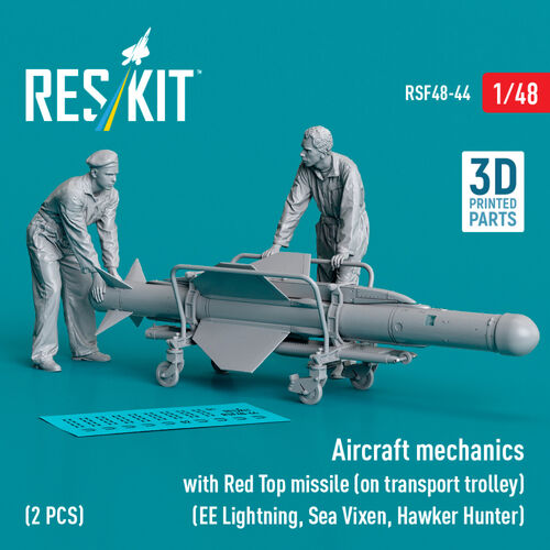 RES/KIT F48-0044 Aircraft Mechanics With Red Top Missile (On Transport Trolley) (EE Lightning, Sea Vixen, Hawker Hunter) (2 pcs) (3D Printed)