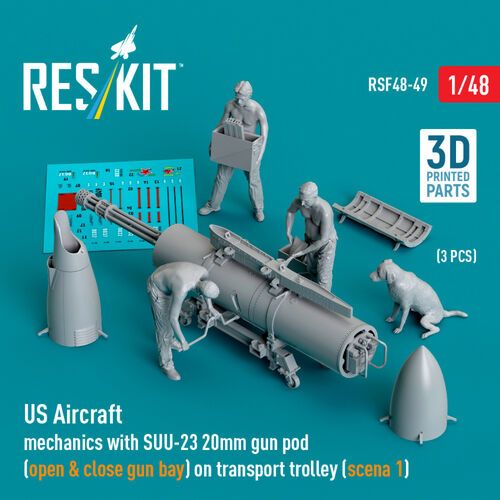 RES/KIT F48-0049 US Aircraft Mechanics With SUU-23 20mm Gun Pod (Open & Close Gun Bay) On Transport Trolley (Scene 1) (3 pcs) (3D Printed)