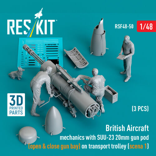 RES/KIT F48-0050 British Aircraft Mechanics With SUU-23 20mm Gun Pod (Open & Close Gun Bay) On Transport Trolley (Scene 1) (3 pcs) (3D Printed)