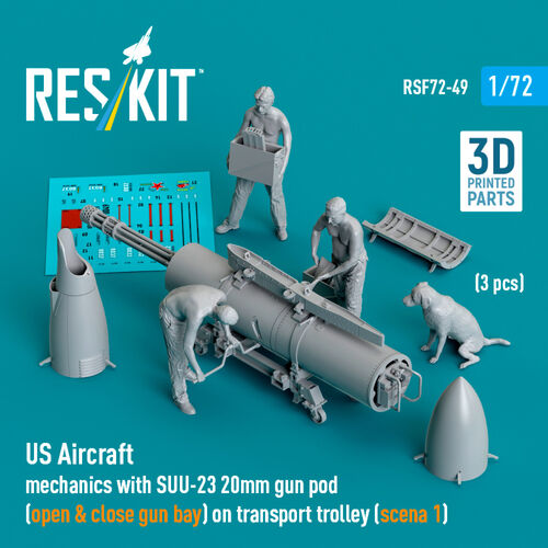 RES/KIT F72-0049 US Aircraft Mechanics With SUU-23 20mm Gun Pod (Open & Close Gun Bay) On Transport Trolley (Scene 1) (3 pcs) (3D Printed)