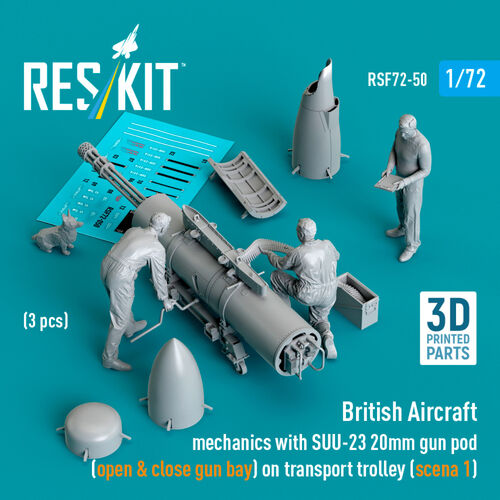 RES/KIT F72-0050 British Aircraft Mechanics With SUU-23 20mm Gun Pod (Open & Close Gun Bay) On Transport Trolley (Scene 1) (3 pcs) (3D Printed)