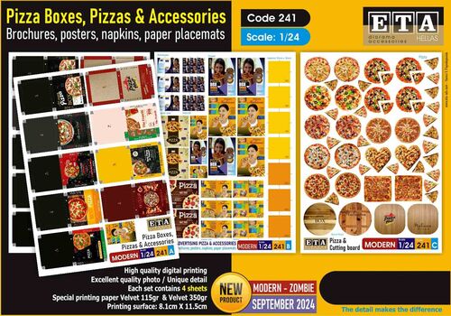 ETA DIORAMA ACCESSORIES 241 Pizza Boxes, Pizzas And Accessories (Brochures, Posters, Napkins, Paper Placemats) (4 Sheets)