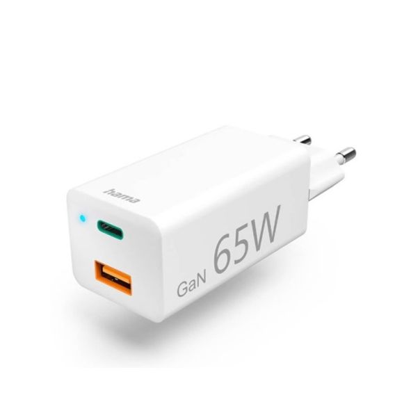 HAMA Brzi punjač GaN, 1x USB-C PD, 1x USB-A QC, 65W, bela