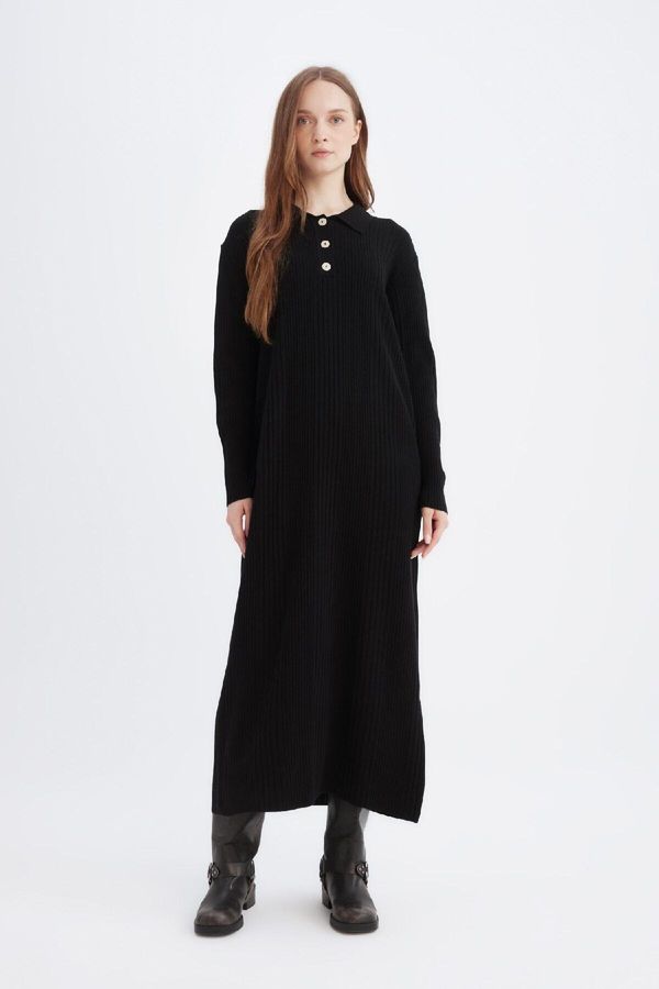 DEFACTO REGULAR FIT POLO NECK BASIC PLAIN MAXI KNIT DRESS