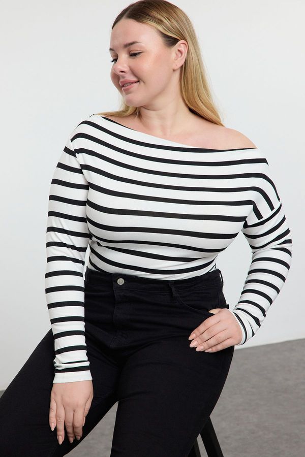 TRENDYOL CURVE BLACK STRIPED PREMIUM SOFT FABRIC FITTED BOAT NECK/MADONNA COLLAR FLEXIBLE KNITTED BLOUSE