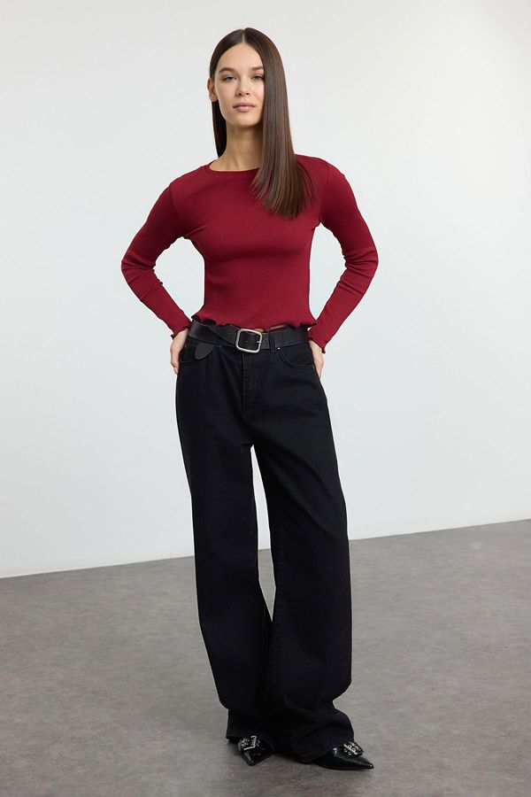 TRENDYOL CLARET RED FITTED/BODY-SIT CROP RIBBED FLEXIBLE KNIT BLOUSE