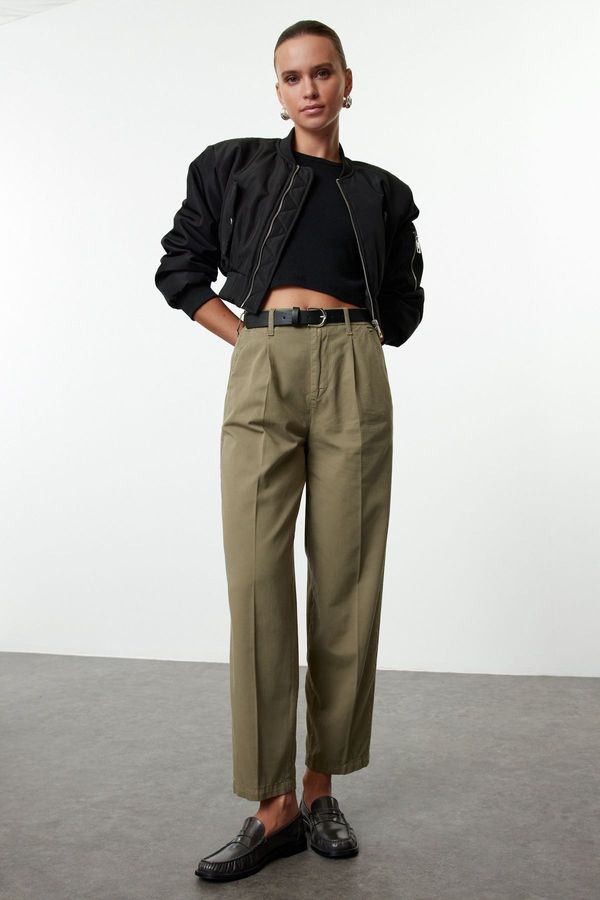 TRENDYOL KHAKI BELTED HIGH WAIST MOM JEANS