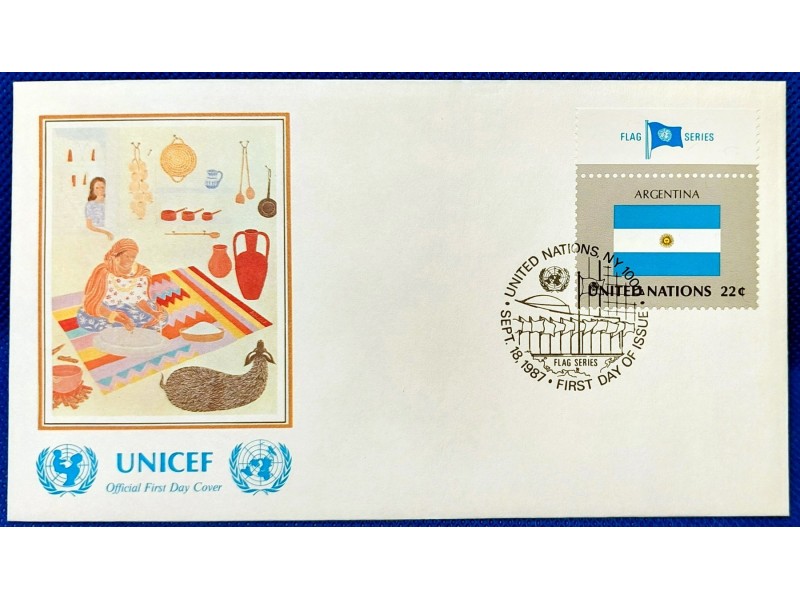 Unicef UN FDC 1987. Zastave, Argentina