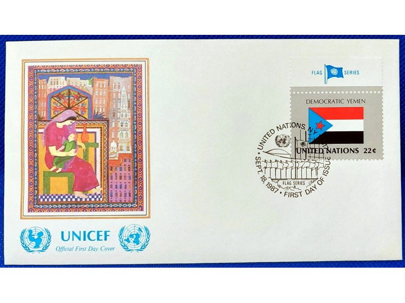 Unicef UN FDC 1987. Zastave, Yemen