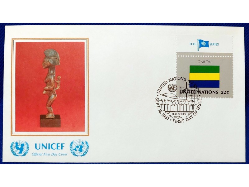 Unicef UN FDC 1987. Zastave, Gabon