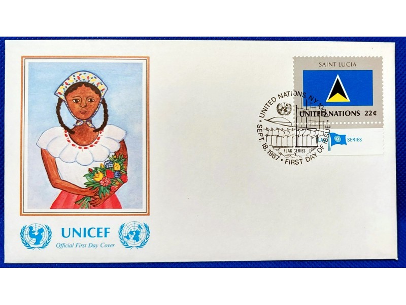 Unicef UN FDC 1987. Zastave, Saint Lucia