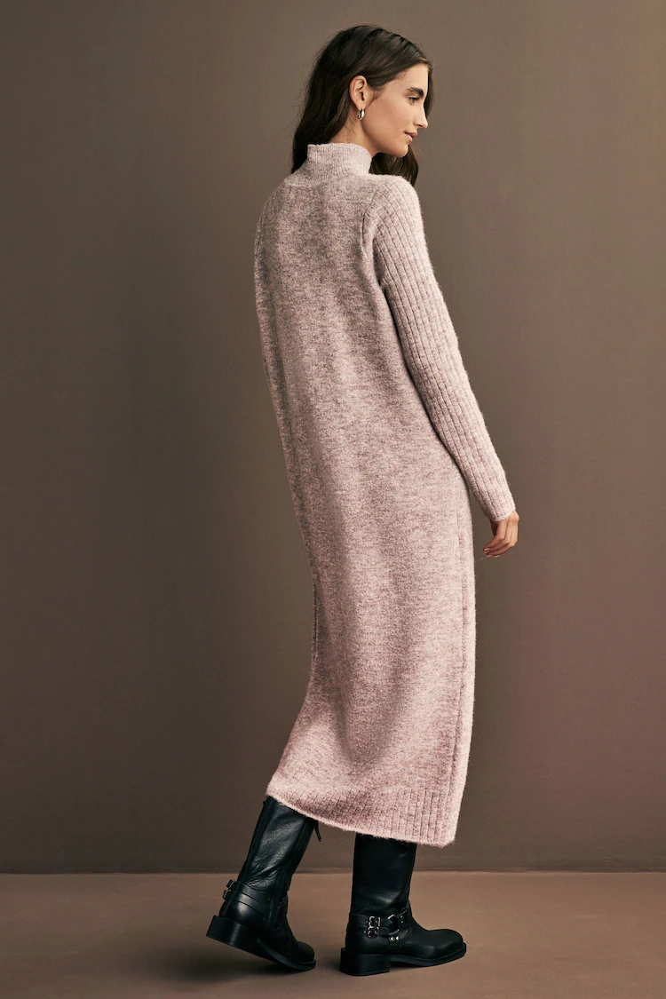 Neutral High Neck Long Sleeve Maxi Knitted Jumper Dress