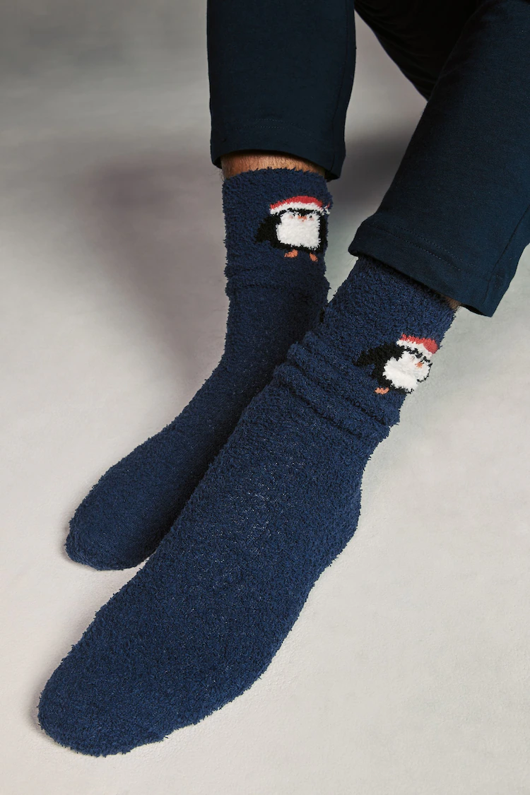 Navy Blue Penguin Cosy Christmas Bed Socks 2 Pack