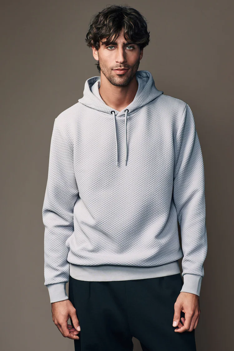 Grey Hooded Textured Overhead Hoodie