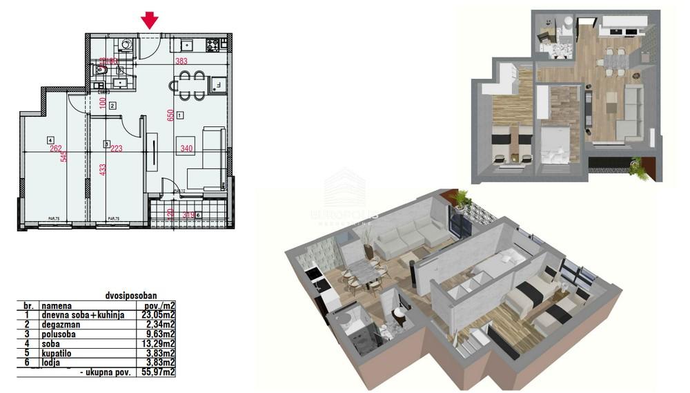 Dvoiposoban stan na prodaju, 55.91m2, 95.000€