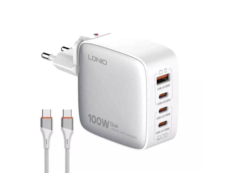 LDNIO Q408 GAN 100W 4X USB KUĆNI PUNJAČ SA USB C KABLOM BELI