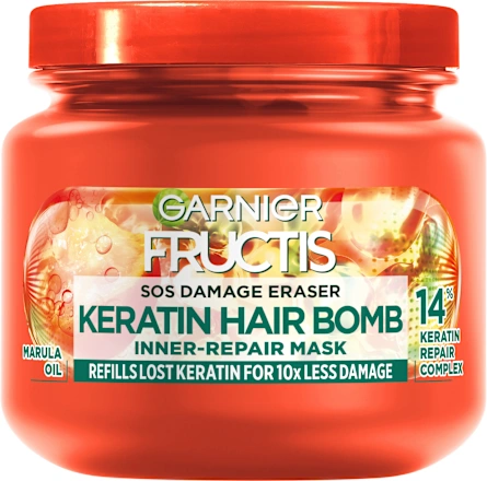 GARNIER FRUCTIS
SOS DAMAGE ERASER KERATIN HAIR BOMB maska za oštećenu kosu, 320 ml