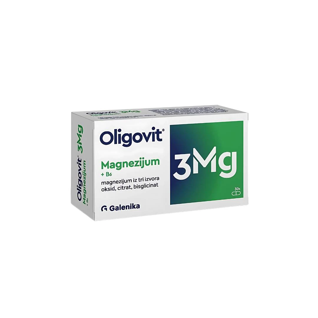 Oligovit® 3 Mg Magnezijum iz 3 Izvora sa Vitaminom B6 30 Kapsula Magnezijum Bisglicinat, Magnezijum Citrat, Magnezijum Oksid