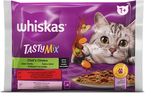 whiskas
Tasty Mix Chef's choise kompletna vlažna hrana za mačke - govedina, živina, losos sa povrćem u sosu, 4x85g, 340 g
Kompletna hrana za životinje
