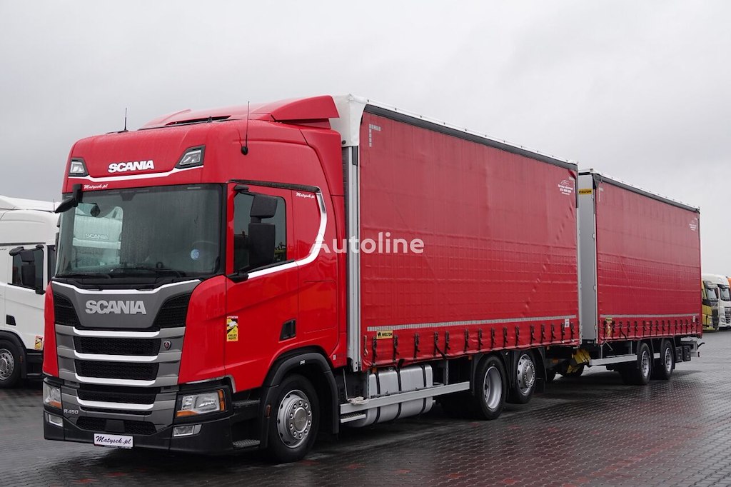 Scania R 450 / ZESTAW TANDEM 120 M3 / PRZEJAZDOWY / 2019 ROK / PO ZŁOTY kamion sa klizna zavesa cerada + prikolica sa kliznom ceradom